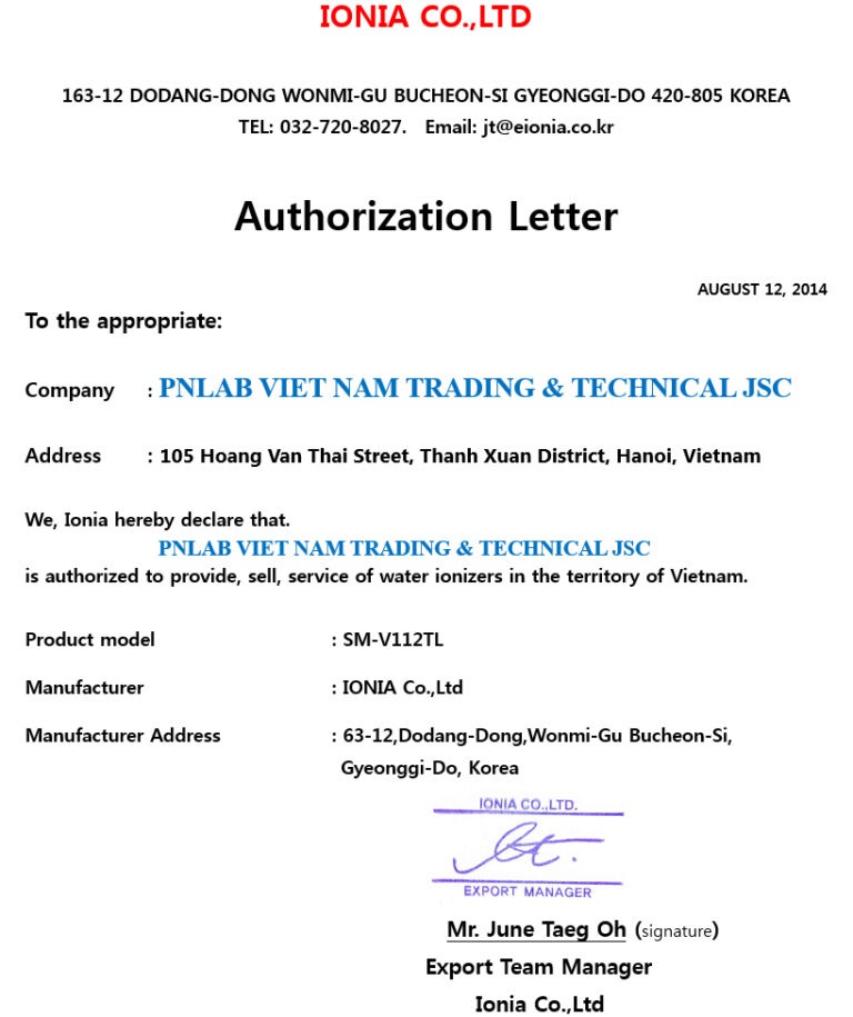 Authorization Certificate - IONIA